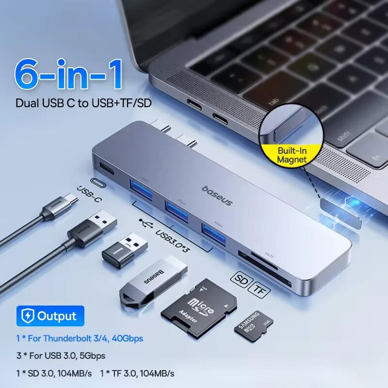 Baseus 6-в-1 USB-C Hub для MacBook 6-IN-1 USB with SDTF