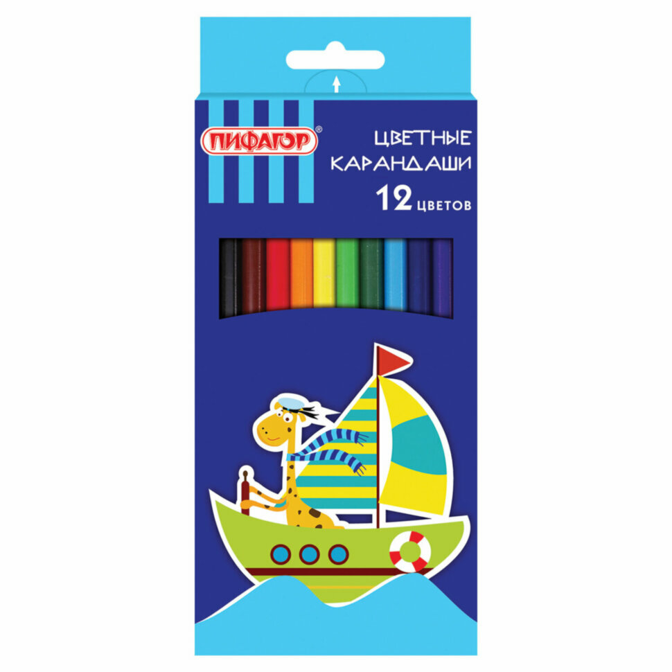 Карандаши цветные пифагор "жираф", 12 цветов, шестигранные, 181250, 181250
