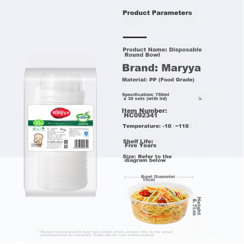 Meili Ya Disposable Bowls with Lids, Food-Grade Lunch Boxes 750ml*30 Sets, Microwave-Safe Takeout Containers for Picnics And Food Delivery