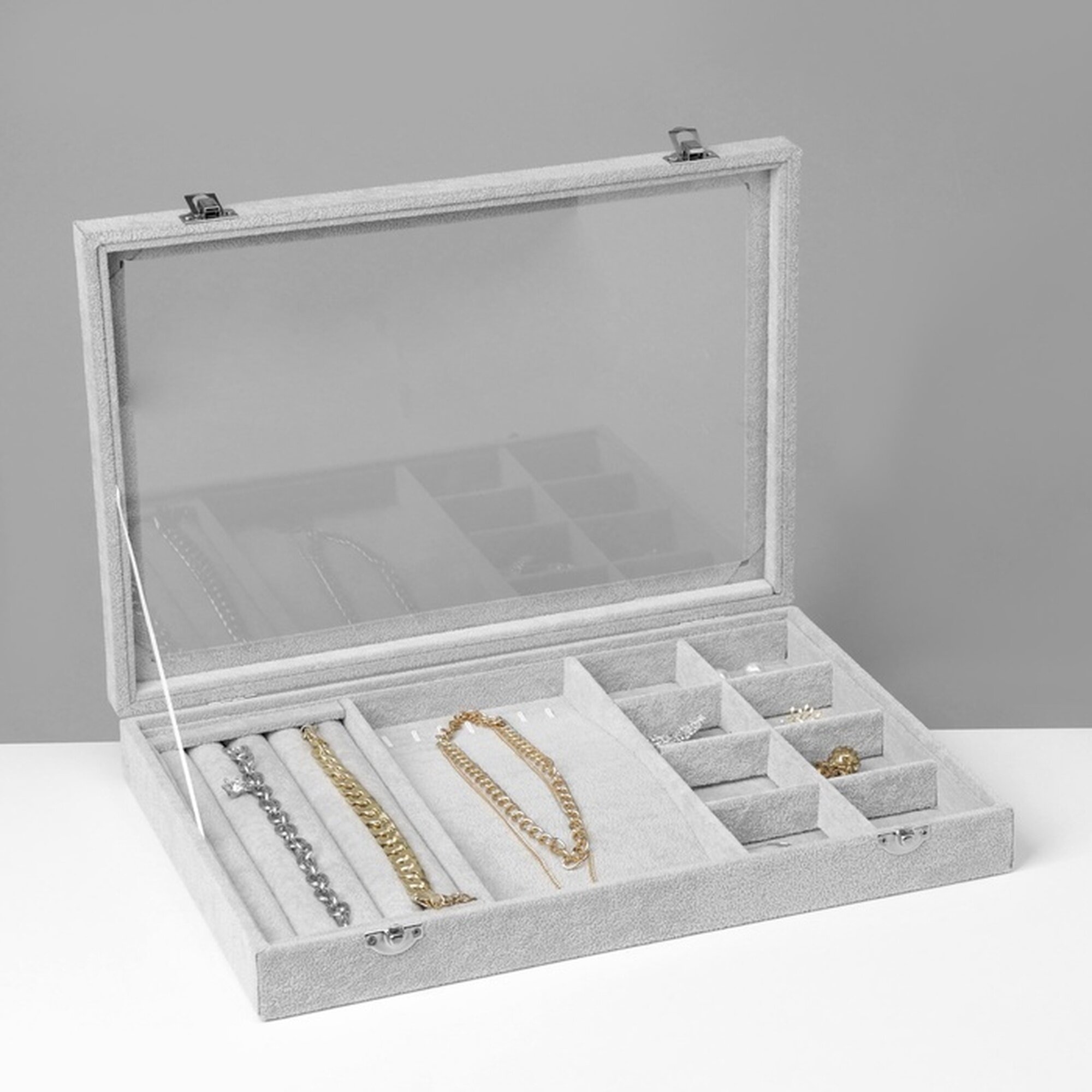 Подставка для украшений QF «Шкатулка» 4 полосы, 7 крючков, 8 ячеек, стеклянная крышка, цвет серый