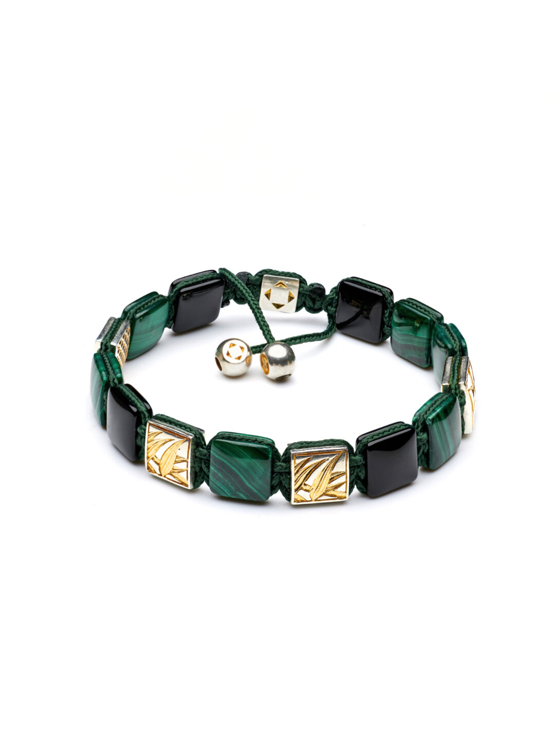 Браслет, серебро, 925 проба, золочение, оникс, малахит