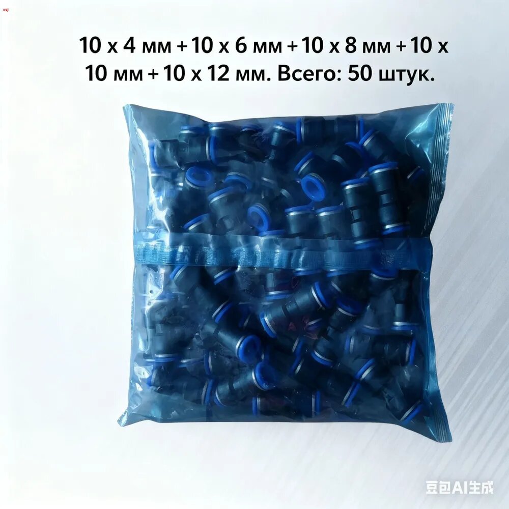 Фитинг пневматический прямой набор 4мм,6мм,8мм,10мм,12мм. 50 шт.