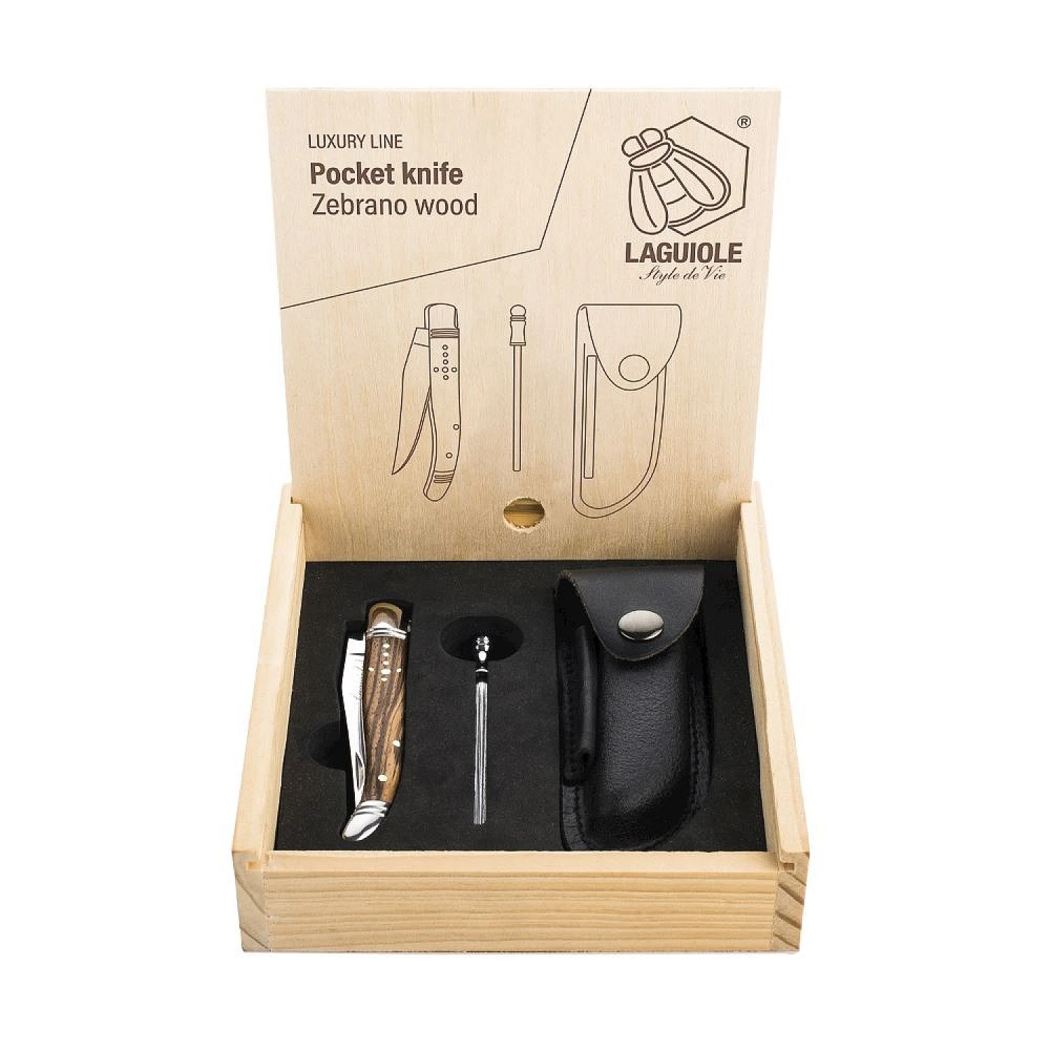 Подарочный нож Laguiole Style de Vie, с точильным стержнем и кожаным чехлом, в подарочной коробке