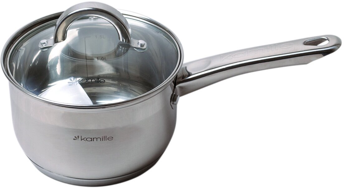 Ковш 1,9 л. из нержавеющей стали со стеклянной крышкой Kamille KM 4227S (серебристый)