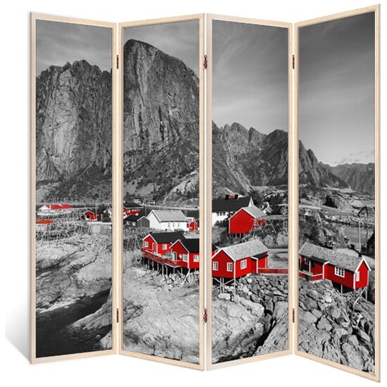 Ширма перегородка Декор Депо для комнаты деревянная "Скандинавский минимализм." двухсторонняя с картинкой (природа) 4 створки кремовый дуб 176х185 см 14 кг