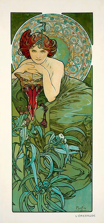 "Драгоценные камни. Изумруд", Муха Альфонс, картина для интерьера (репродукция) (30х64 см / на подрамнике)