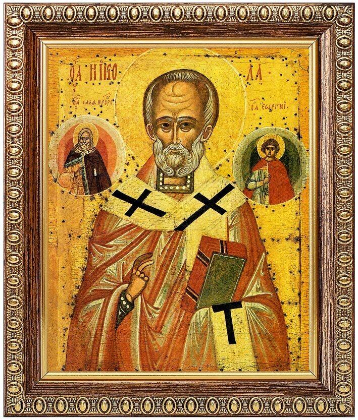 Николай Чудотворец с Илией Пророком и Георгием Победоносцем, XV - XVI вв, икона в темной пластиковой рамке 12,5*14,5 см
