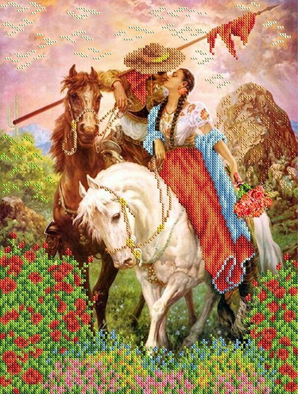 Ткань с рисунком для вышивания бисером Каролинка #ТКБЛ 3062 Поцелуй в пути, Вышивка бисером, 27 х 36 см (Бисер в комплект не входит.)