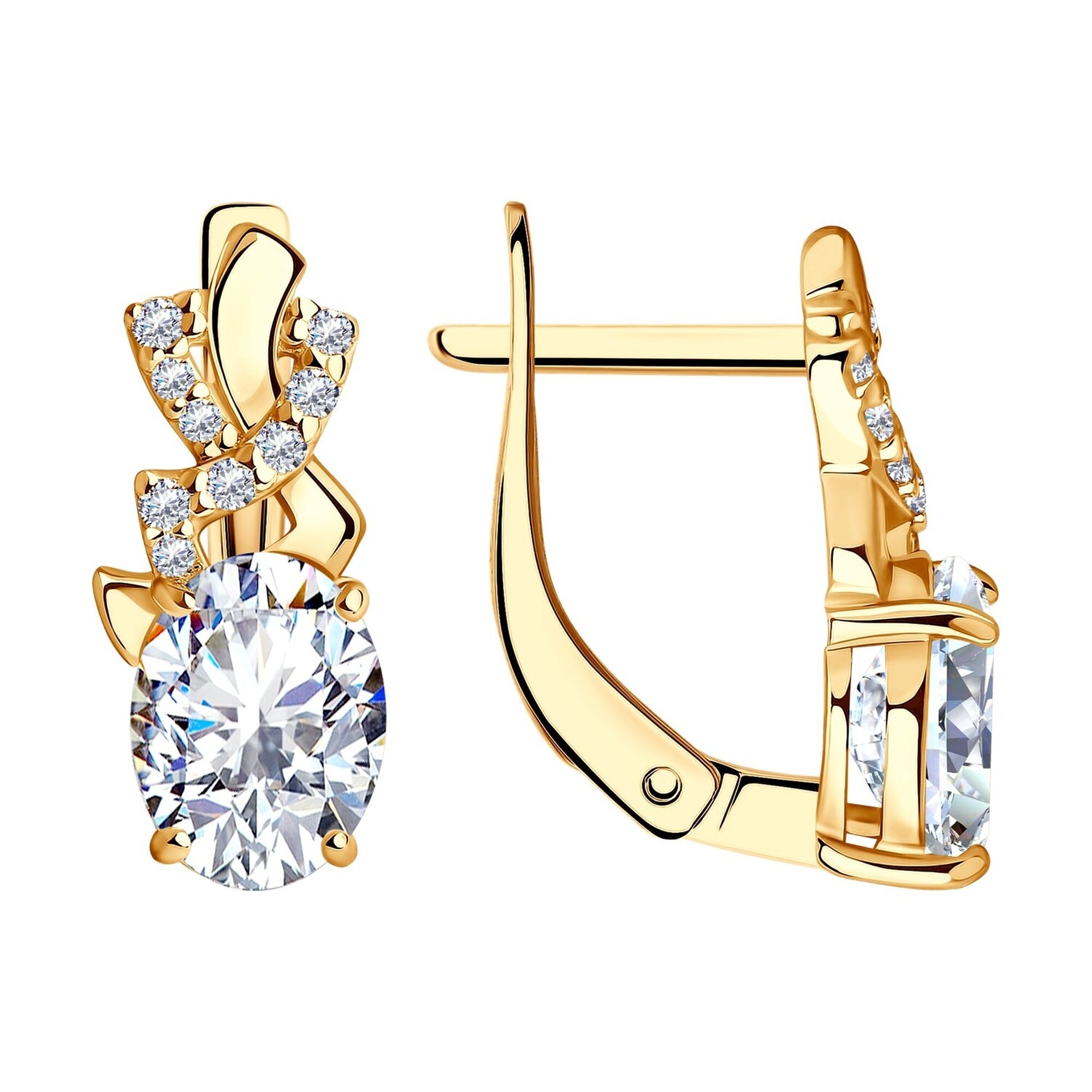 Серьги, серебро, 925 проба, золочение, фианит