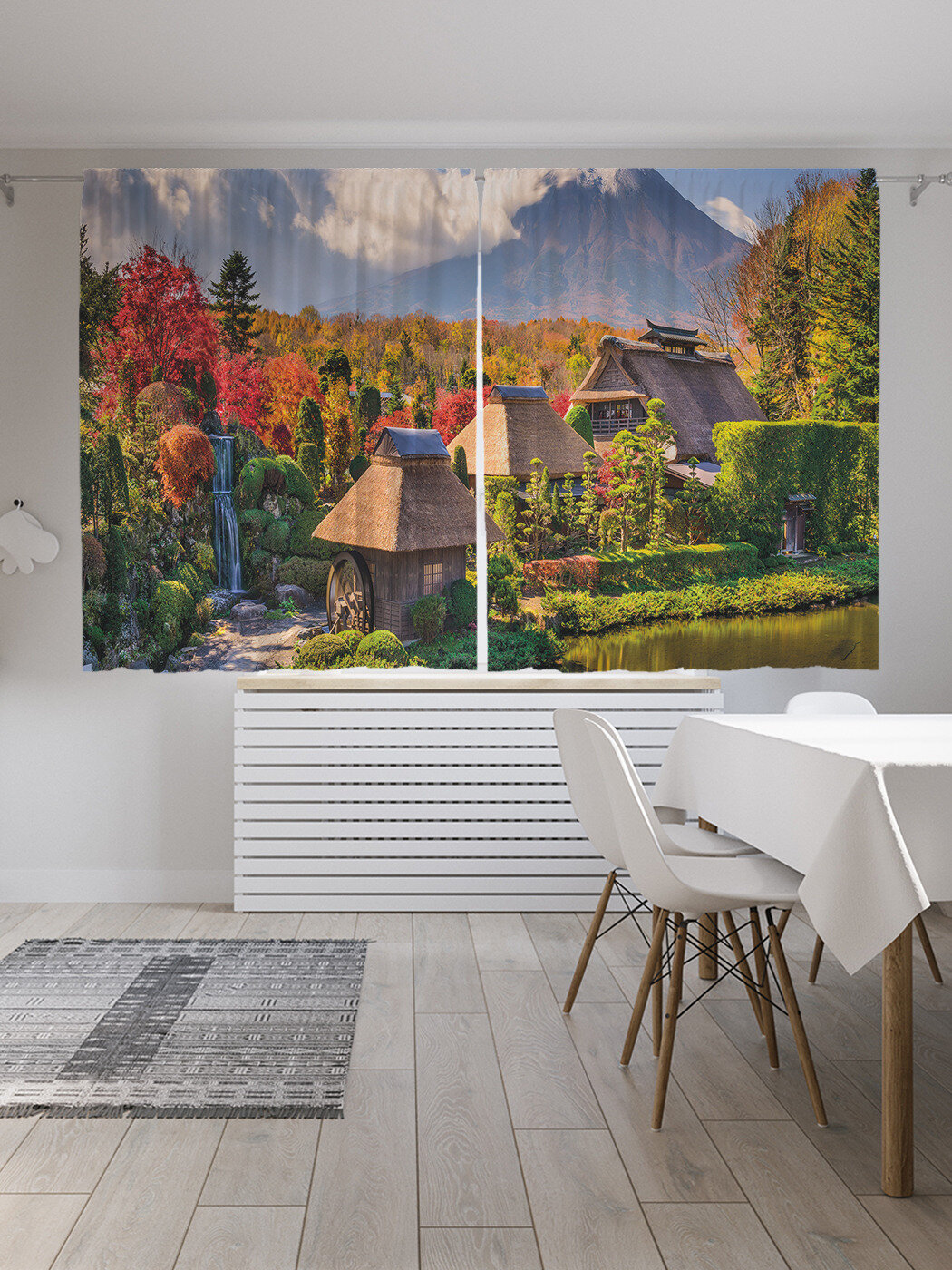 Фотошторы короткие "Вид домов Ошино", 2 полотна шириной по 145 см, высота 180 см, JoyArty