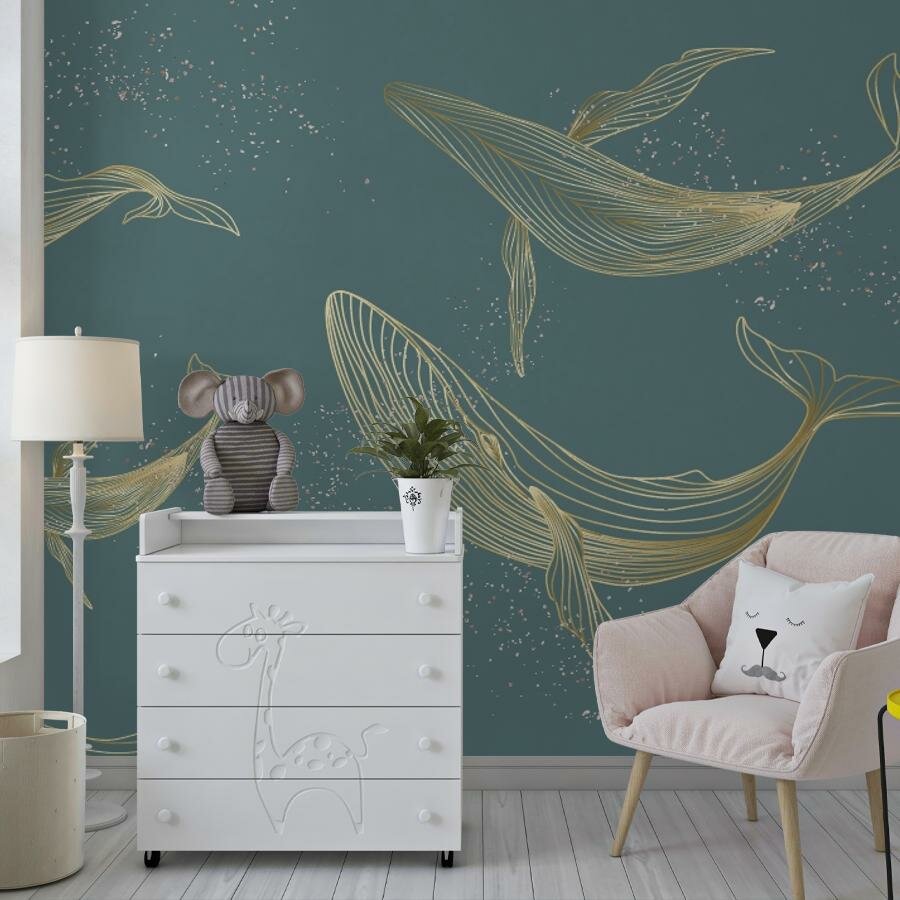 Фотообои Киты на нежном фоне в гостиную 14-1211-S-Холст 270 x 200 см (ВхШ) Бесшовные, флизелиновые, влагостойкие обои