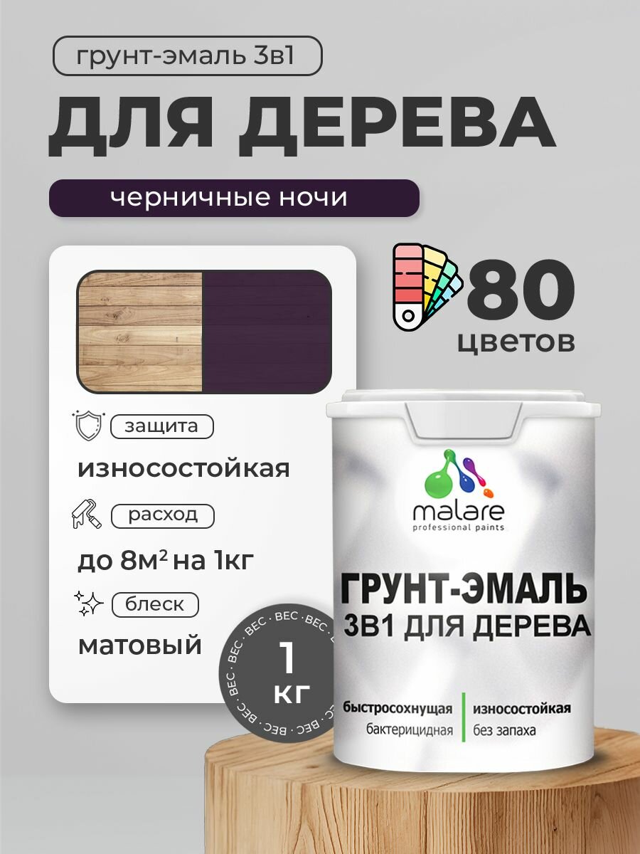 Акриловая Грунт-Эмаль 3 в 1 Malare для деревянных поверхностей/ краска по дереву с антисептическим эффектом/ быстросохнущая моющаяся без запаха матовая, черничные ночи, 1 кг
