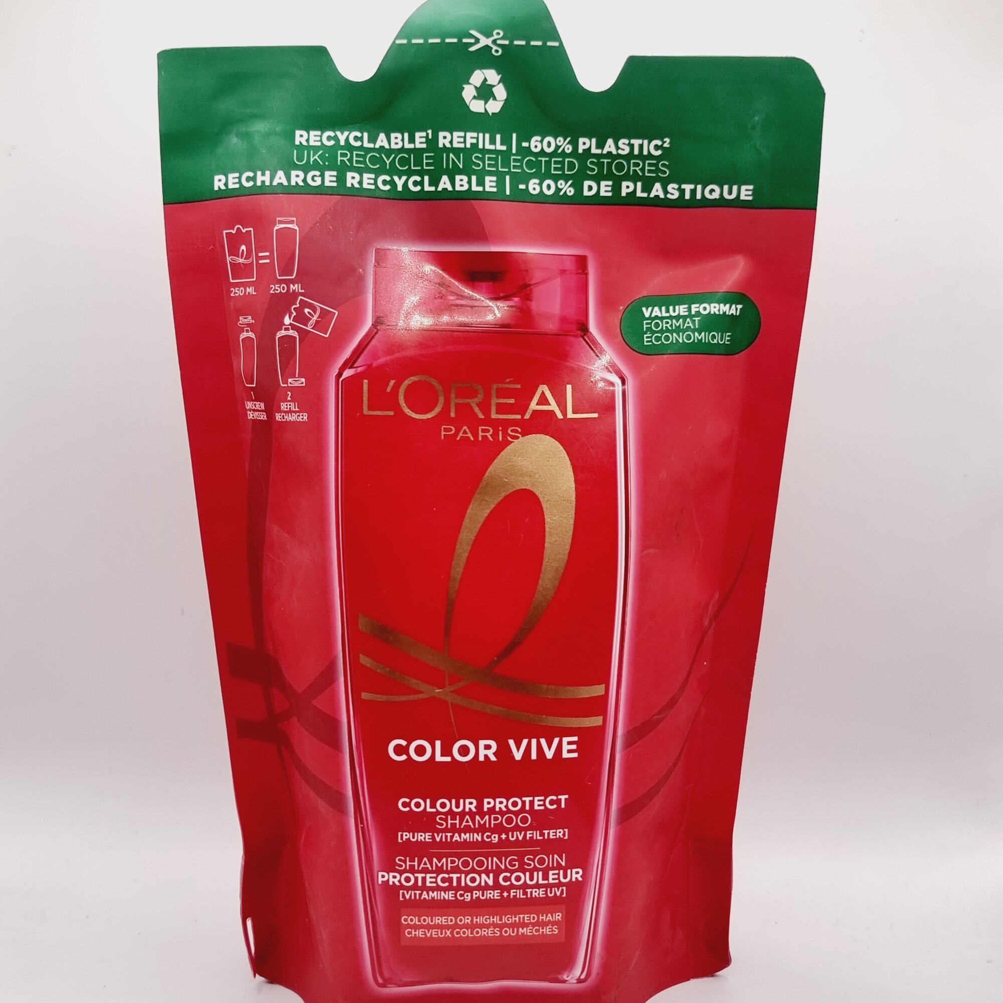 Шампунь L'Oreal Paris Elvital Color Vive для окрашенных и мелированных волос с UV 250 мл сменный блок (Франция)