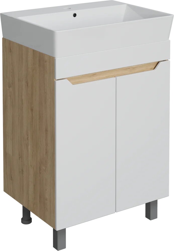 Тумба с раковиной DIWO Архангельск 60 напольная, 60 см, белая, светлое дерево, матовая, из МДФ, с дверками, раковина для ванной фаянсовая, прямоугольная, встроенный слив-перелив, с сифоном