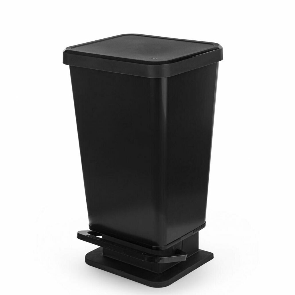 Контейнер для мусора 30 л с педалью, черный, пластик, плоская крышка, гигиеничное открытие, экономия места