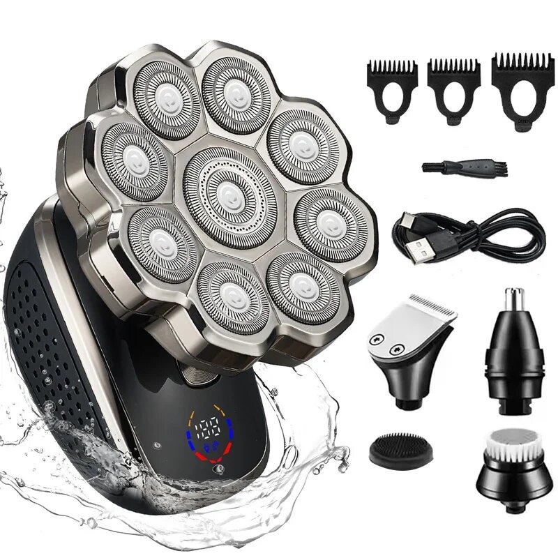 9D обновленная версия мужской электробритвы, одинарная двойная бритва для влажной/сухой бритья, светодиодный экран, 9 роторных резаков для лысины