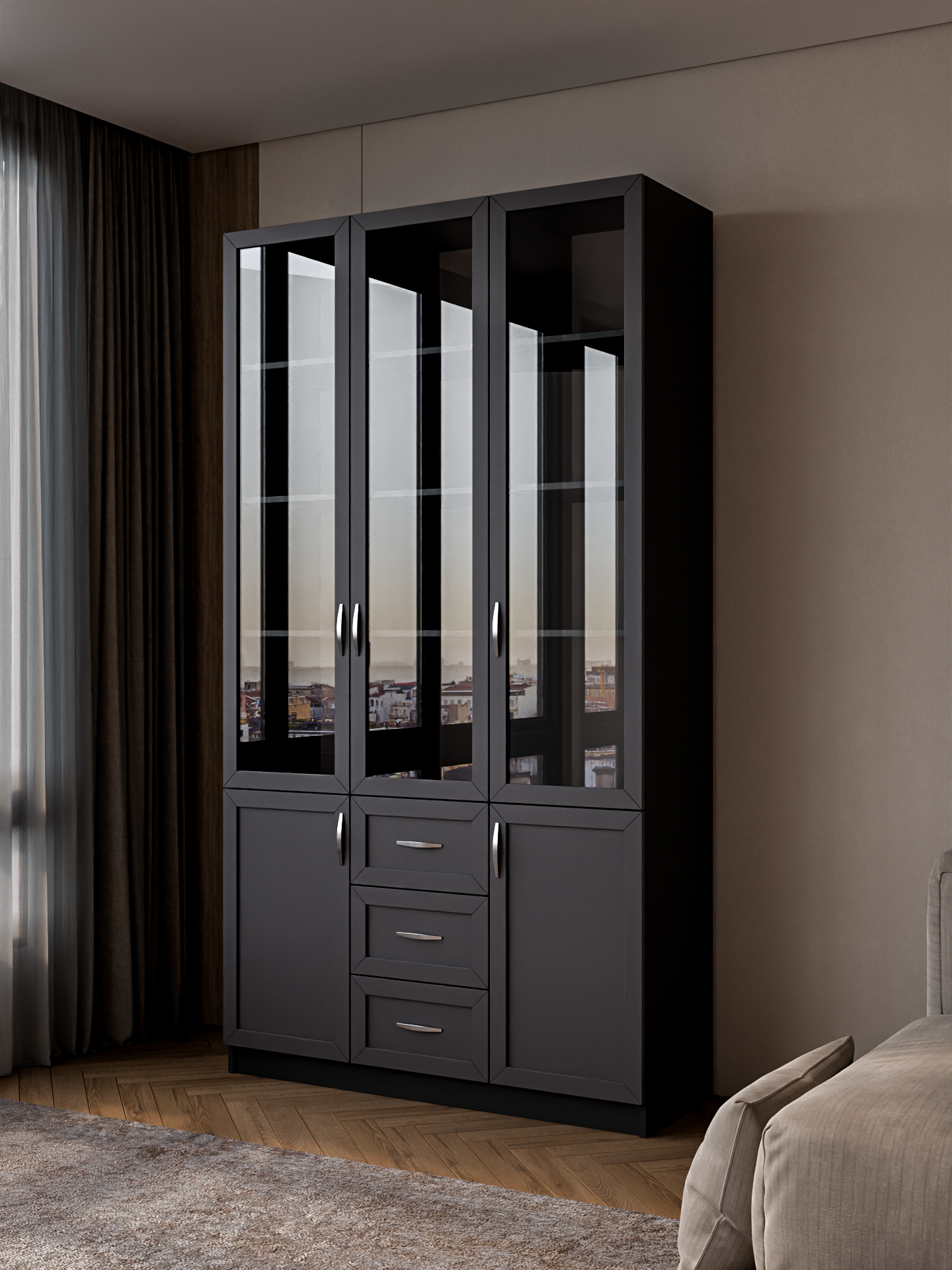 Шкаф книжный Алания| Корпус ЛДСП Антрацит| Фасад Рамка Антрацит| Ручка скоба серебро