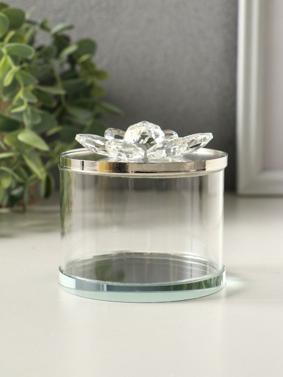 Шкатулка стекло с металлическим ободком "Лотос" серебро 8,2х8,2х8,5 см