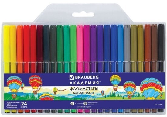 Фломастеры Brauberg "академия", 24 цвета, вентилируемый колпачок, ПВХ упаковка, 151413