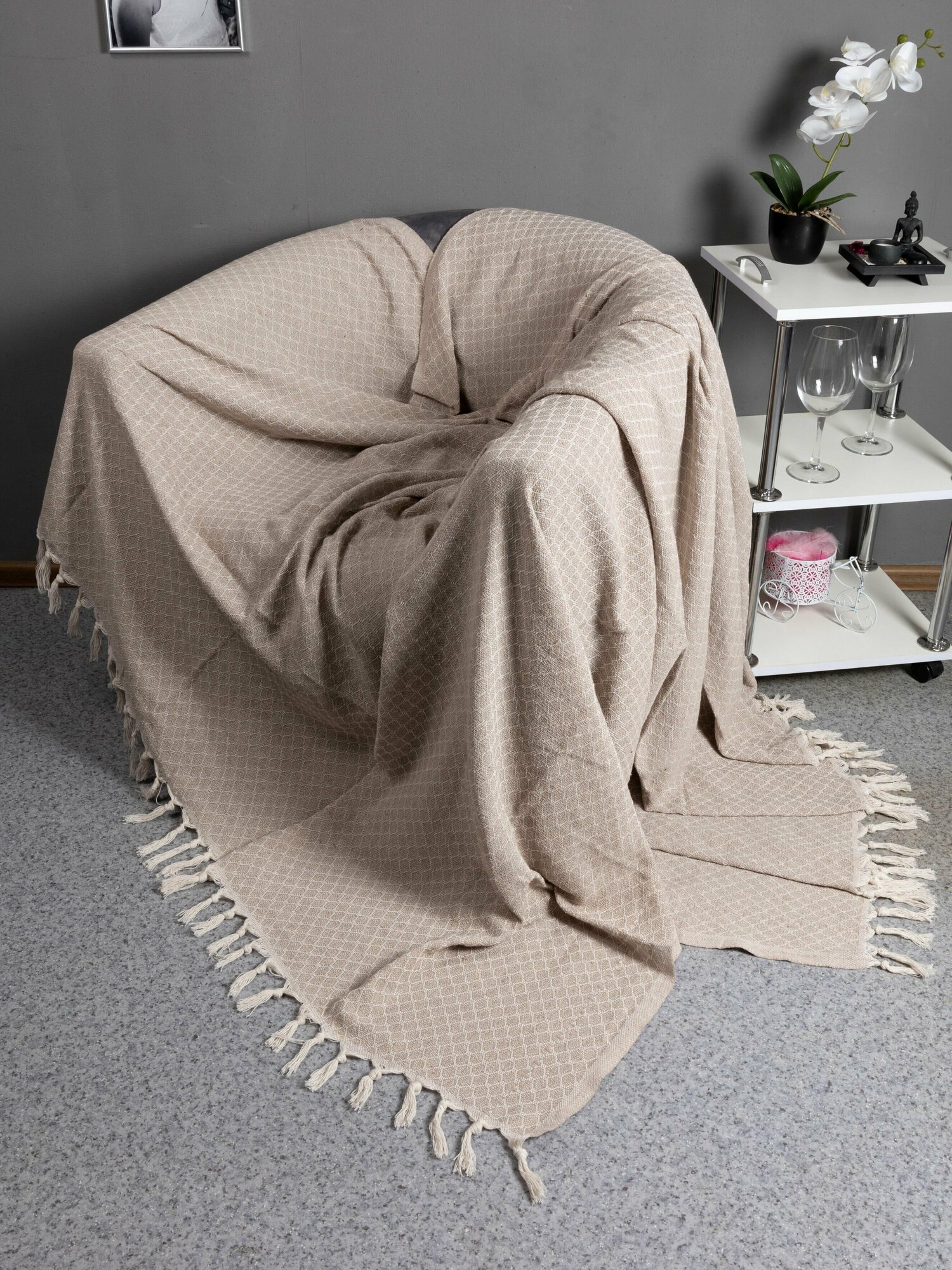 Плед NAZBONC BEIGE, евро 200х220, покрывало на кровать и диван, хлопок