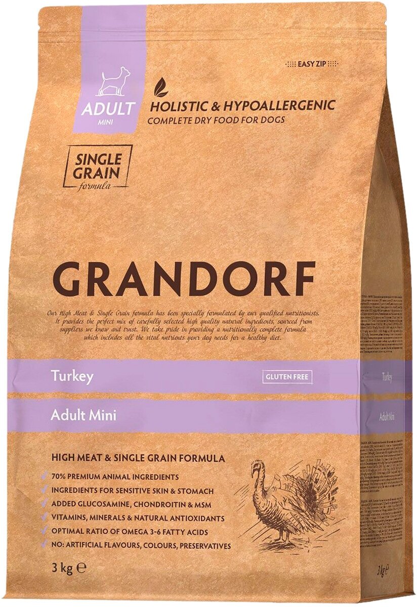 Сухой корм GRANDORF SINGLE GRAIN DOG ADULT MINI TURKEY, низкозерновой, для взрослых собак маленьких пород, с индейкой, 3 кг
