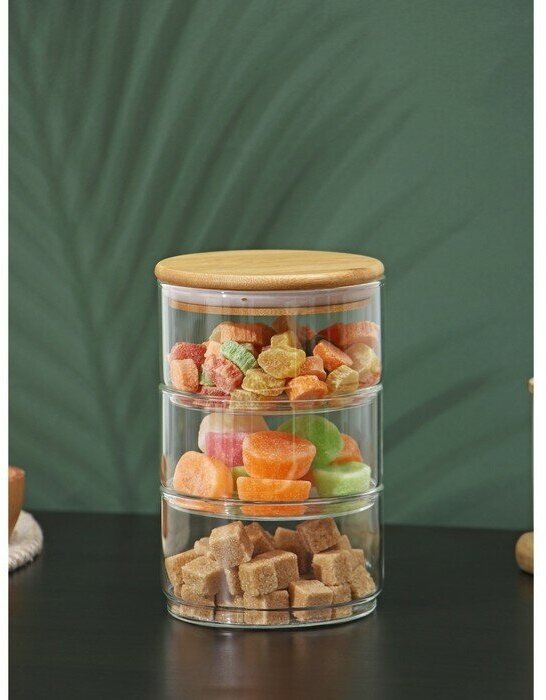 Банки стеклянные для сыпучих продуктов с бамбуковой крышкой BellaTenero «Эко», 500 мл, 11×18 см, 3 шт