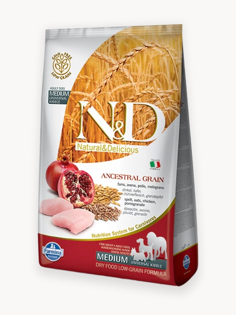 Farmina N&D Ancestral Grain Н&Д Низкозерновой Для взрослых собак Медиум Макси 2,5 КГ Курица, спельта, овес и гранат