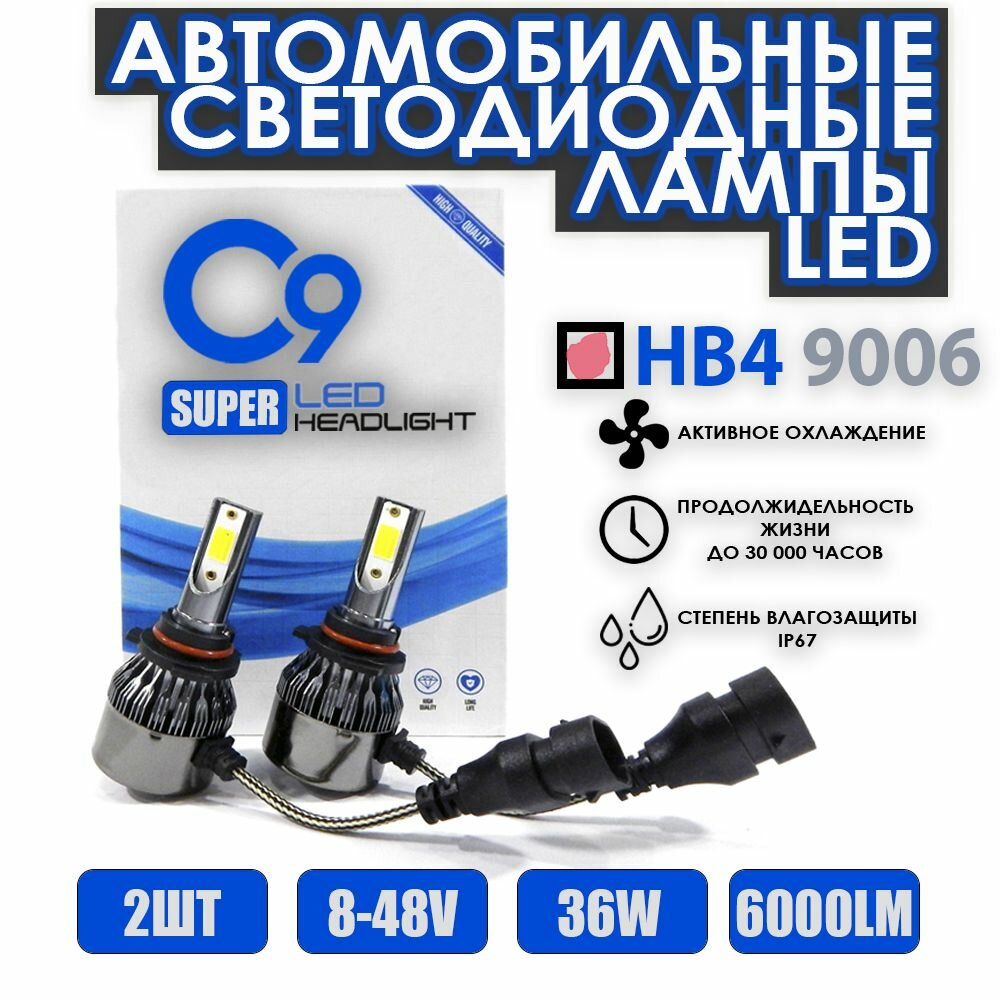 Светодиодные лампы HB4 9006 C9 Super LED Headlight кулером 6000K 36W