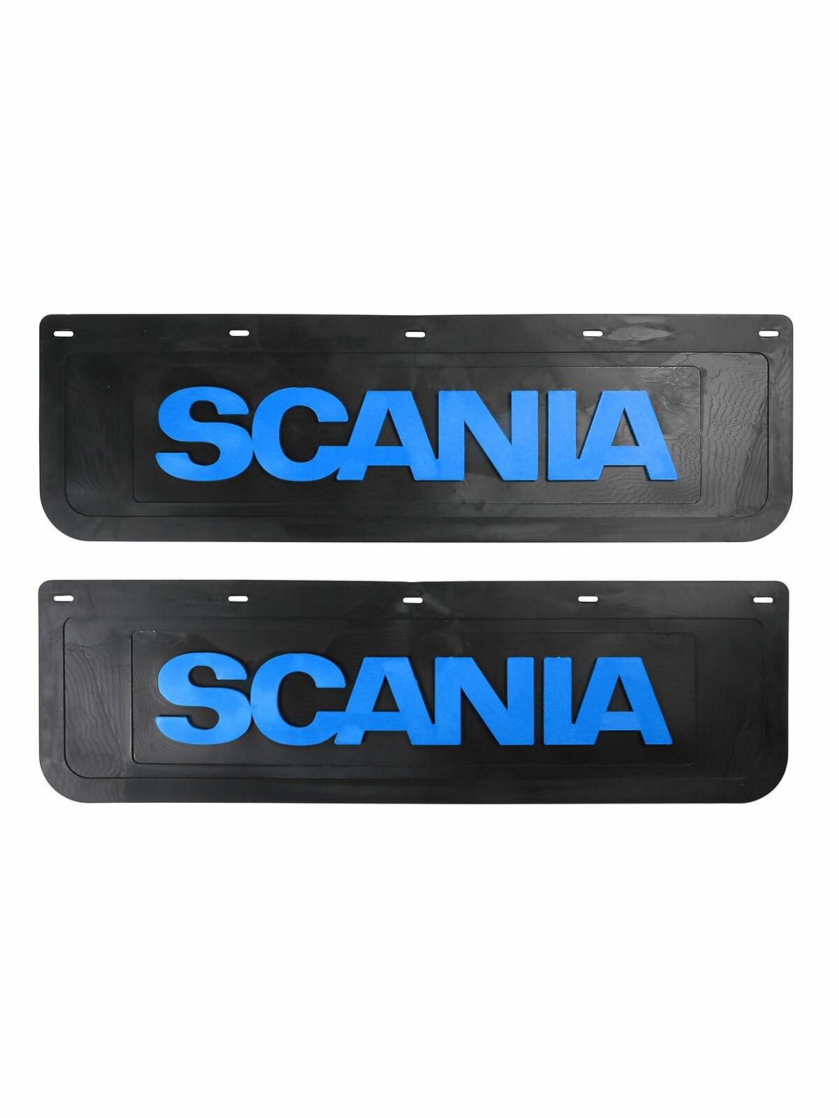 Брызговики чёрные на передний бампер 600x180 мм (2 штуки). Резина (LUX). Синяя надпись "SCANIA". Сделано в России (25958)