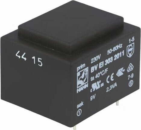 Трансформатор HAHN BV EI 303 2011 Трансформатор: залитый 2,3ВА 230ВAC 9В 255мА Монтаж: PCВ 81г 1шт