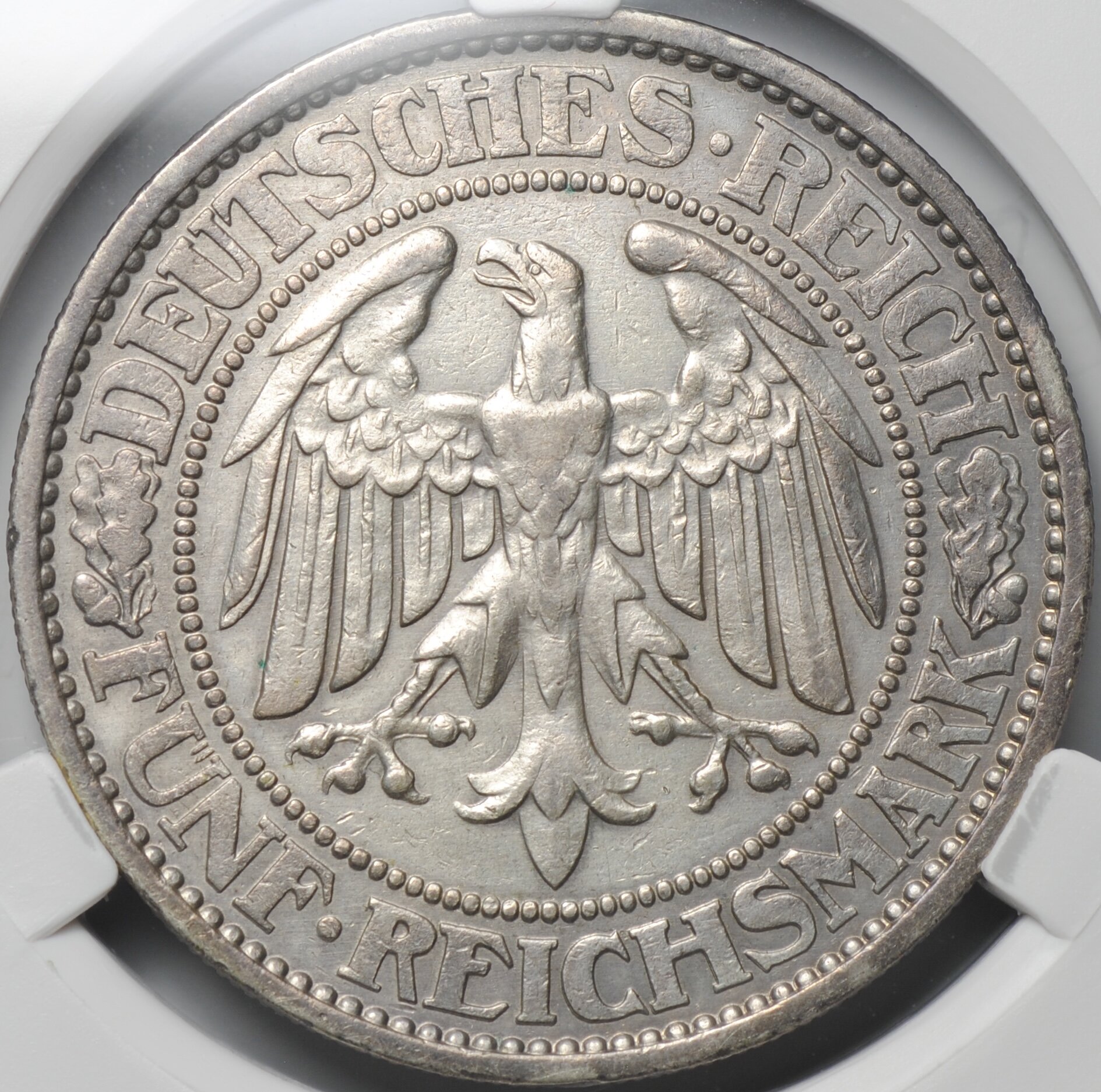 Монета 5 рейхсмарок (марок) 1927 A Берлин Дуб Германия слаб CPRC AU 50