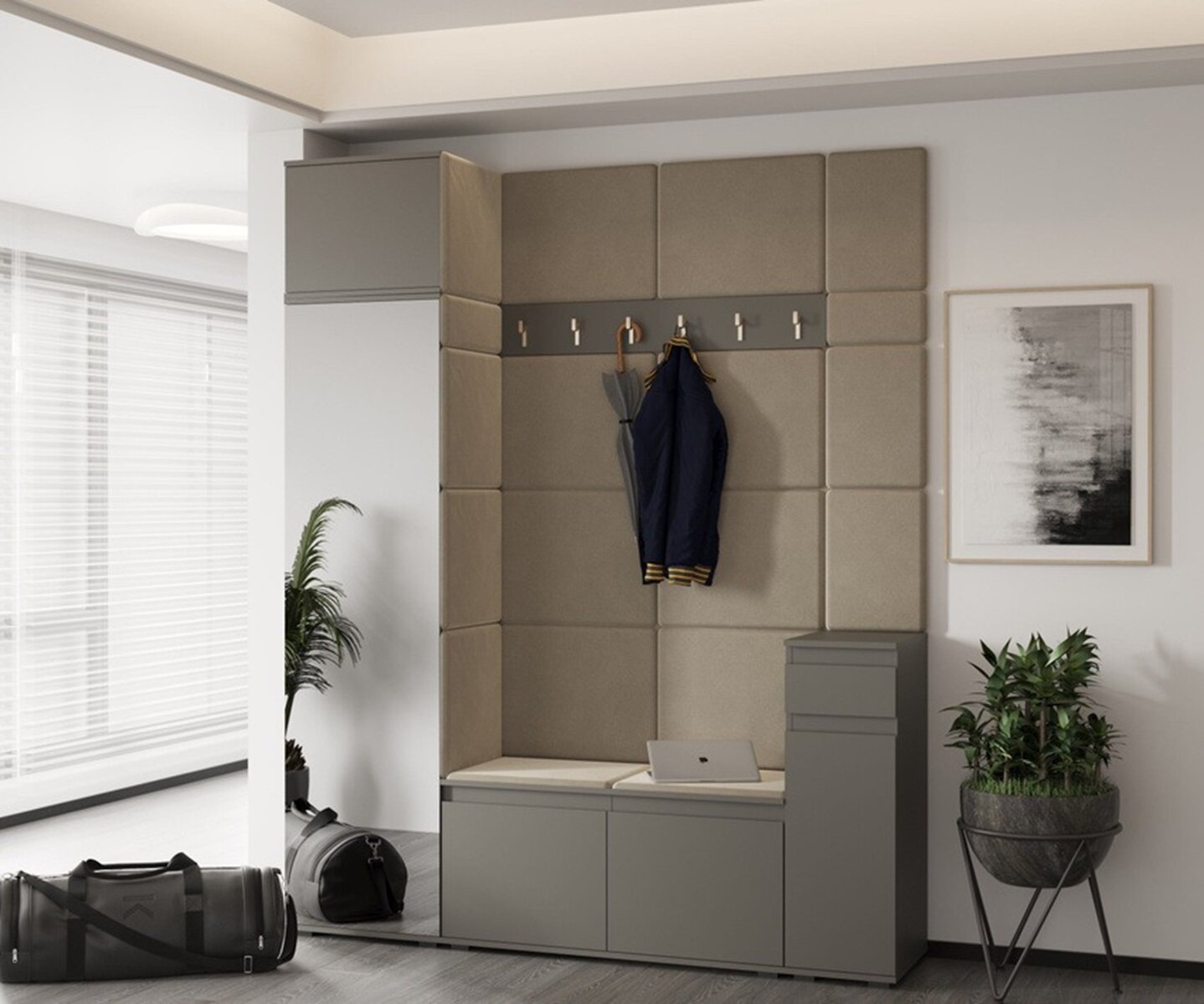 Прихожая, мебель в прихожую Stark 3.1, Серый Графит/Велюр Бежевый 180х225х40 см (ШхВхГ)