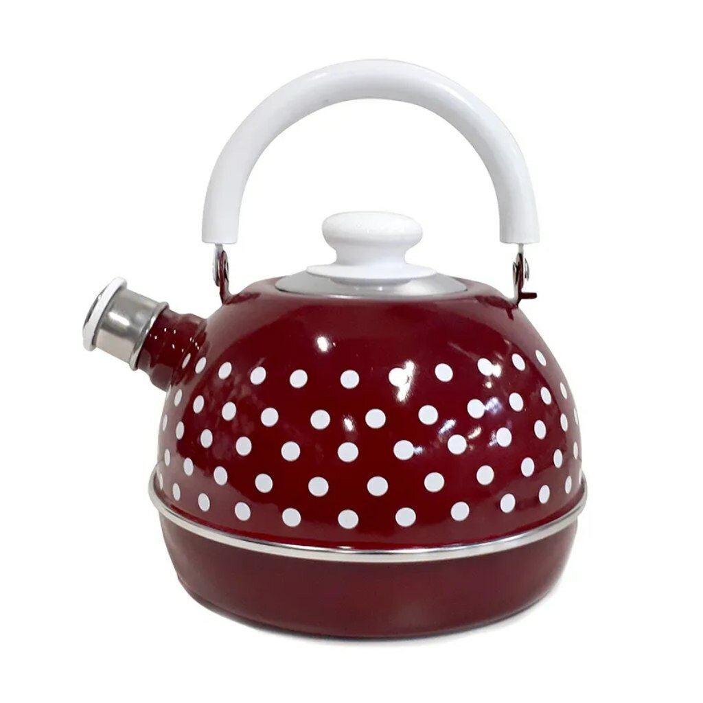 Рубин чайник для плиты из эмалированной стали со свистком, 3.5 л, бордовый, Белые горохи