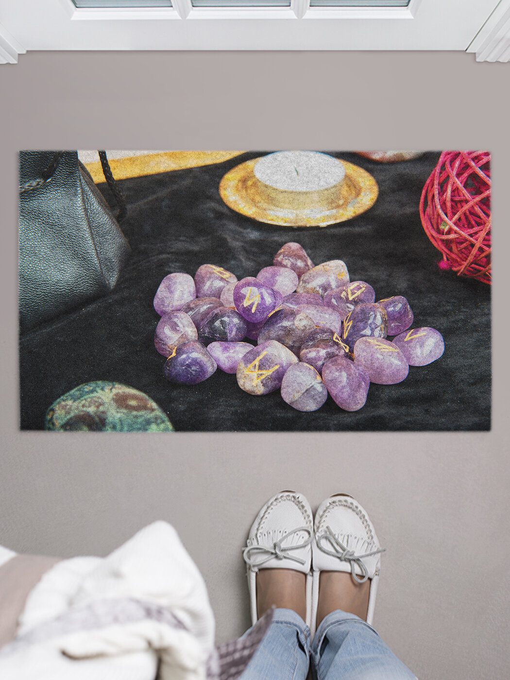 Коврик придверный в прихожую с принтом "Руны из аметиста" 45 на 75 см , JoyArty