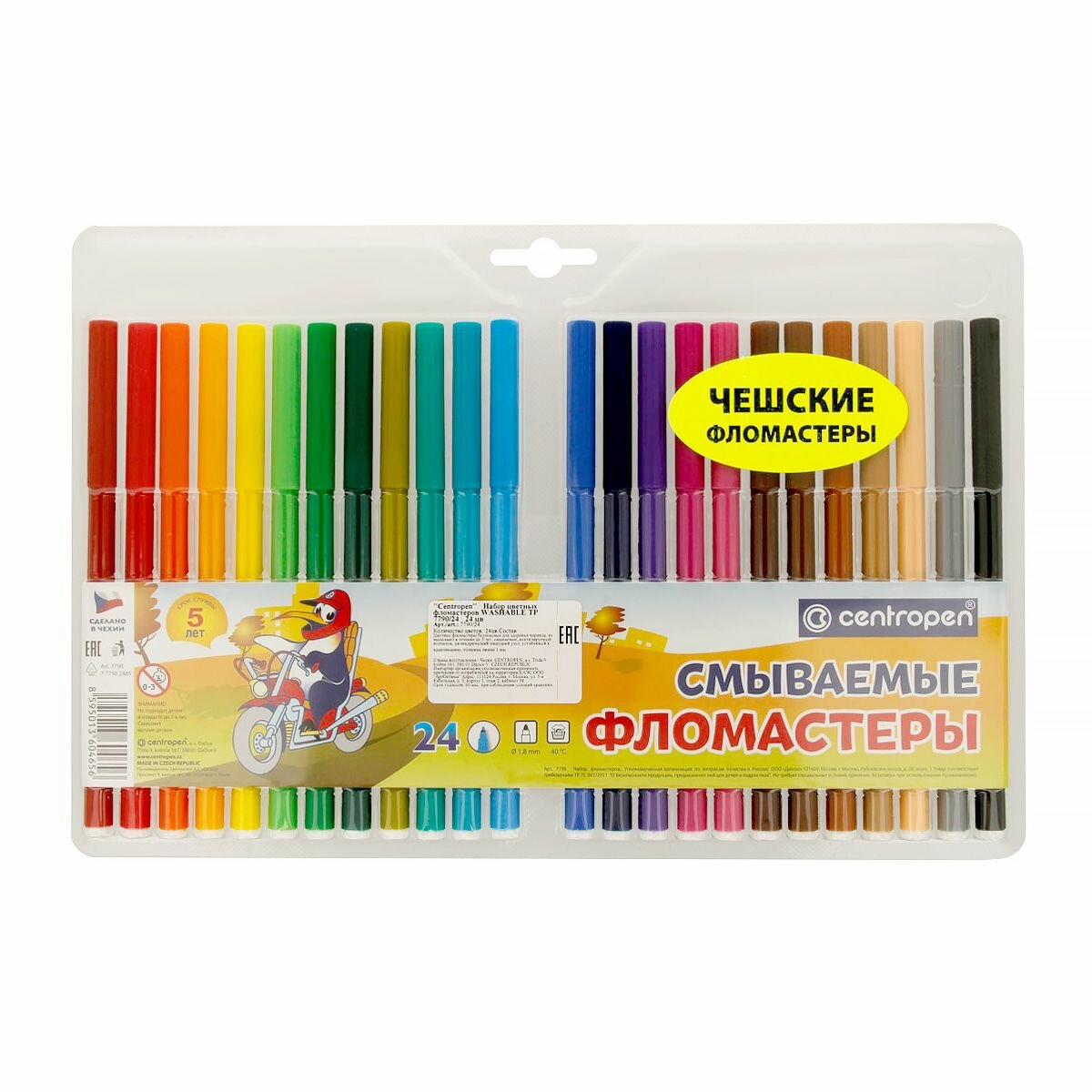 Centropen набор цветных фломастеров WASHABLE TP для рисования, 24 цвета 7790/24