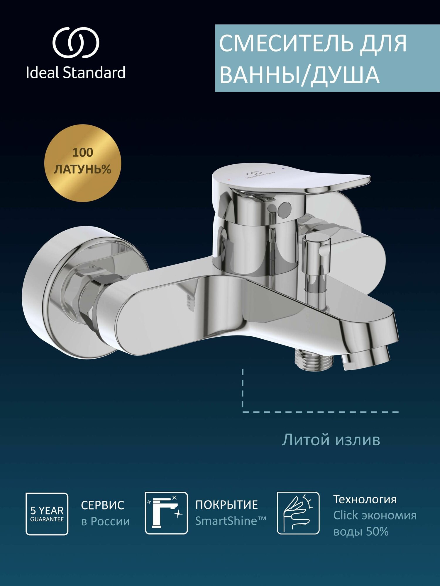 Смеситель для ванны и душа Ideal Standard Viva Grande с коротким изливом хром