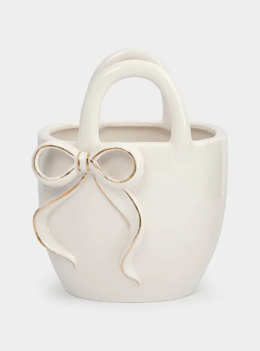 Ваза для цветов, 16 см, декоративная, фарфор P, бело-золотистая, Сумка с бантом, Townlet