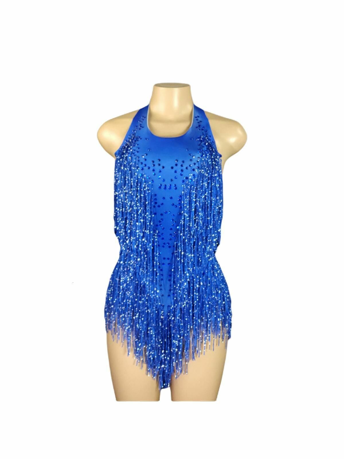 Блестящее платье с бахромой для латины, Синий