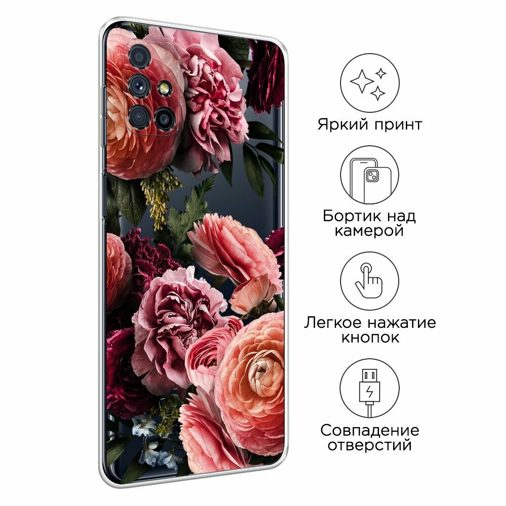 Чехол на Samsung Galaxy M51 / Самсунг Галакси М51 с принтом "Бордовые винтажные цветы", прозрачный — фото 1