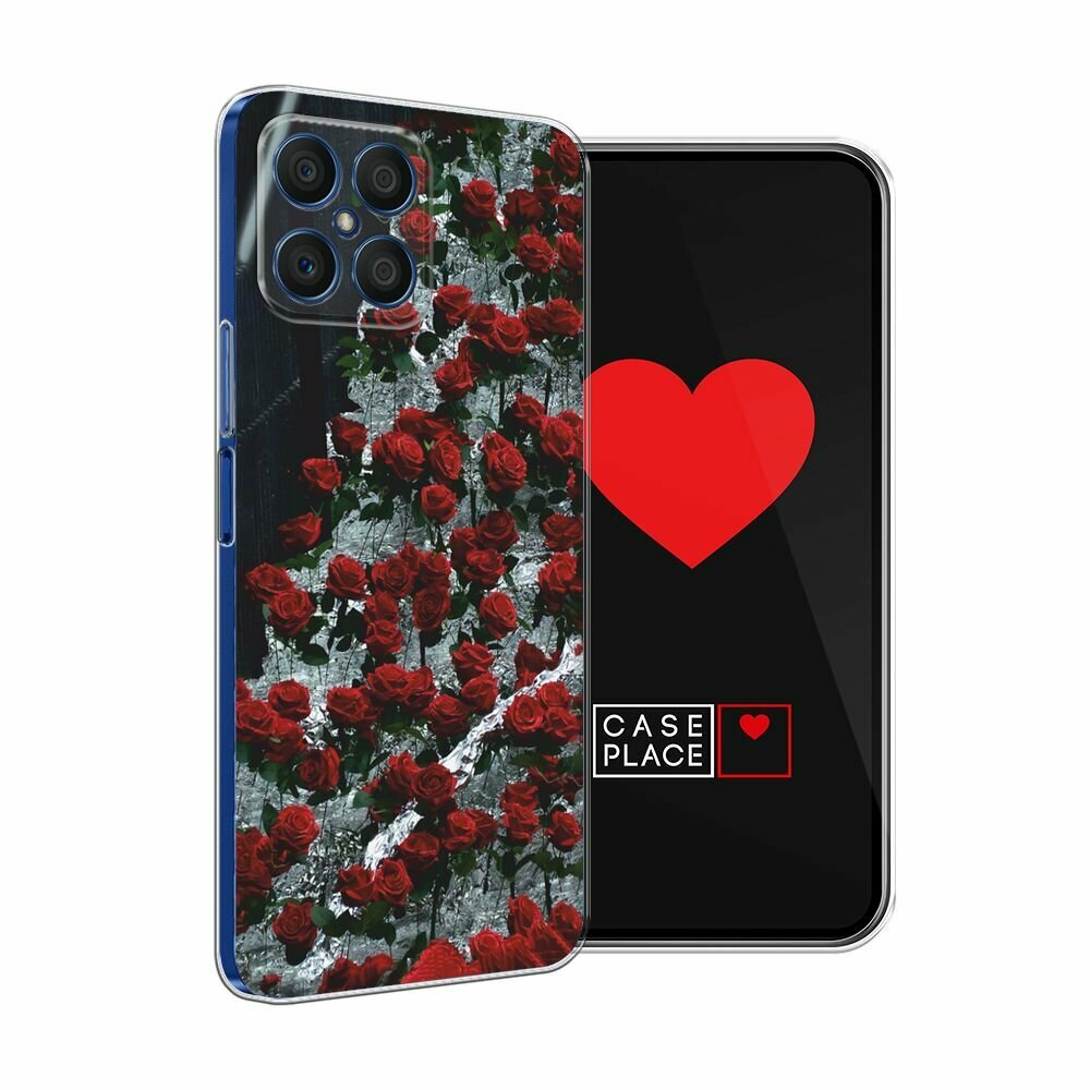 Силиконовый чехол на Honor X8 / Хуавей X8 с принтом Цветущие алые розы — фото 1