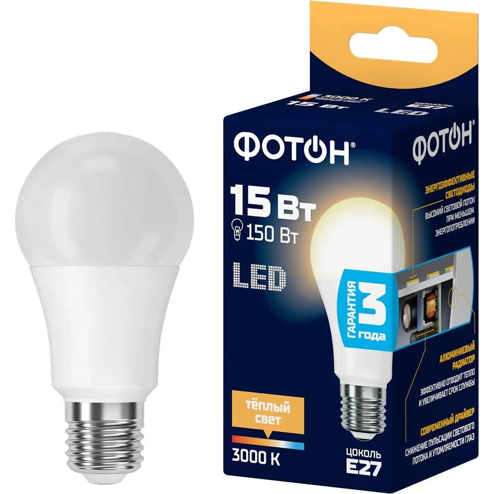 Светодиодная лампа фотон LED A60 15Вт E27 3000K теплый свет 22628