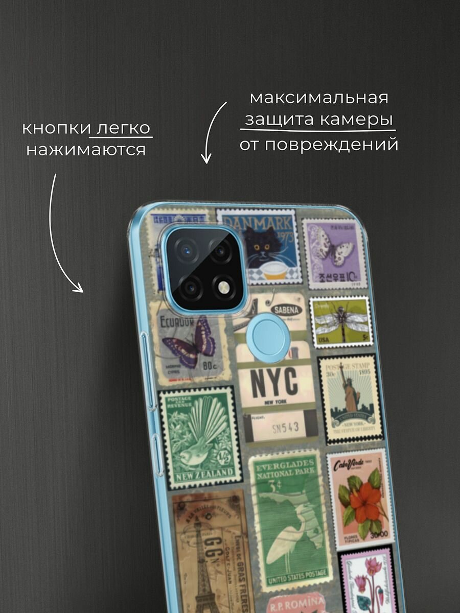 Силиконовый чехол на Realme C21 / Реалми С21 с принтом Коллаж из марок — фото 1