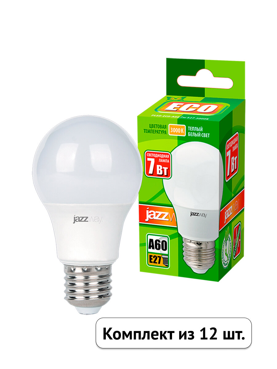 Лампочка светодиодная Jazzway Pled Eco 7Вт, 3000K, 610Лм, E27, теплый белый свет, груша (комплект из 12 шт.)