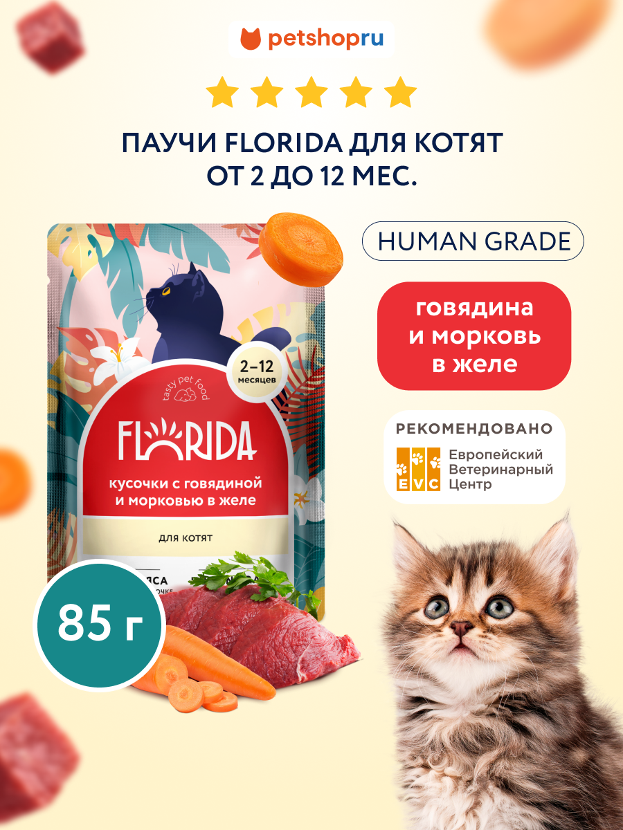FLORIDA Паучи для котят: кусочки с говядиной и морковью в желе, 85 г Влажный корм
