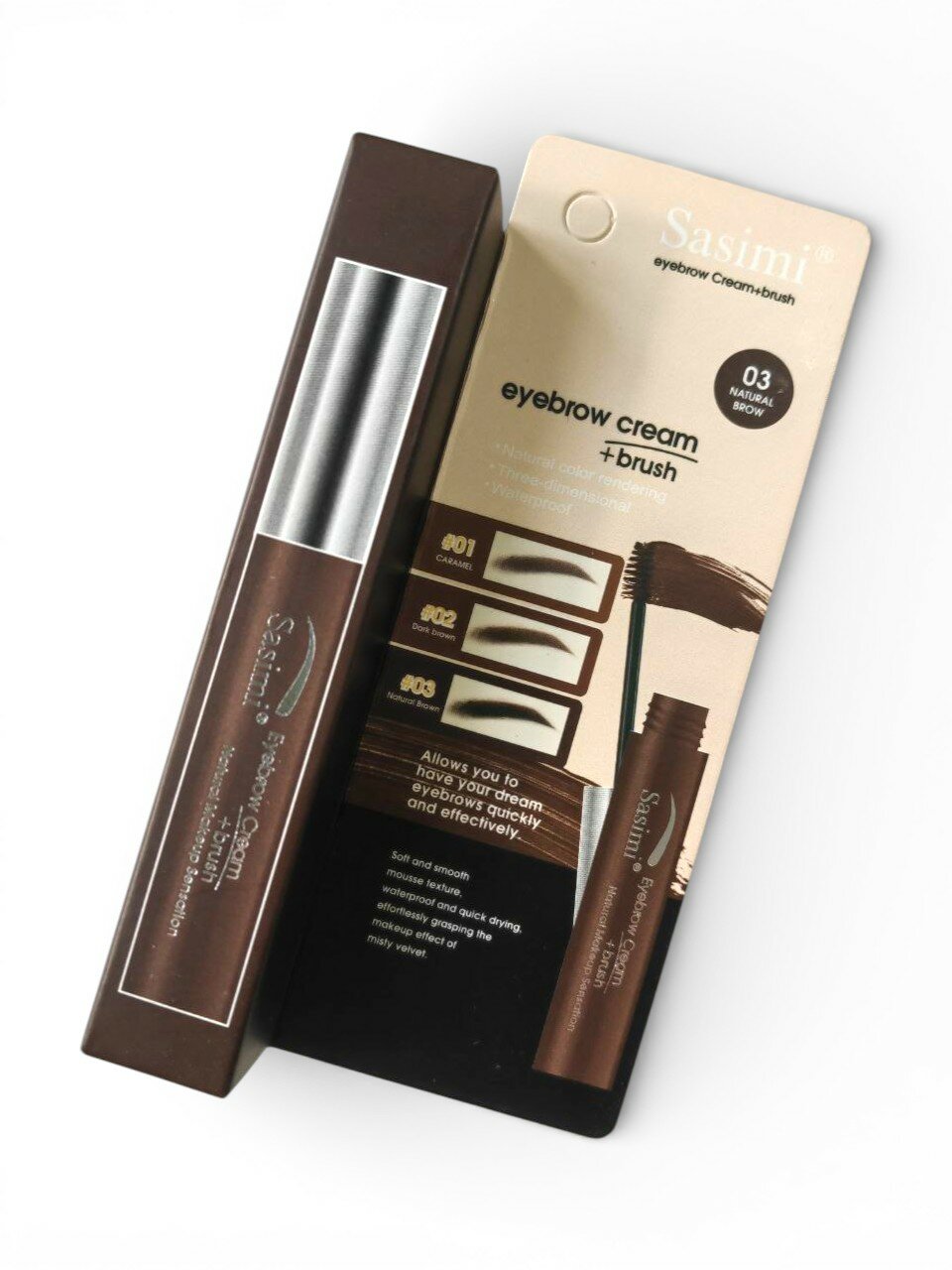 Eyebrow Cream + Brush, 03 NATURAL BROW, Sasimi (Тушь для бровей с кисточкой, 03 натуральный коричневый), 8 г.