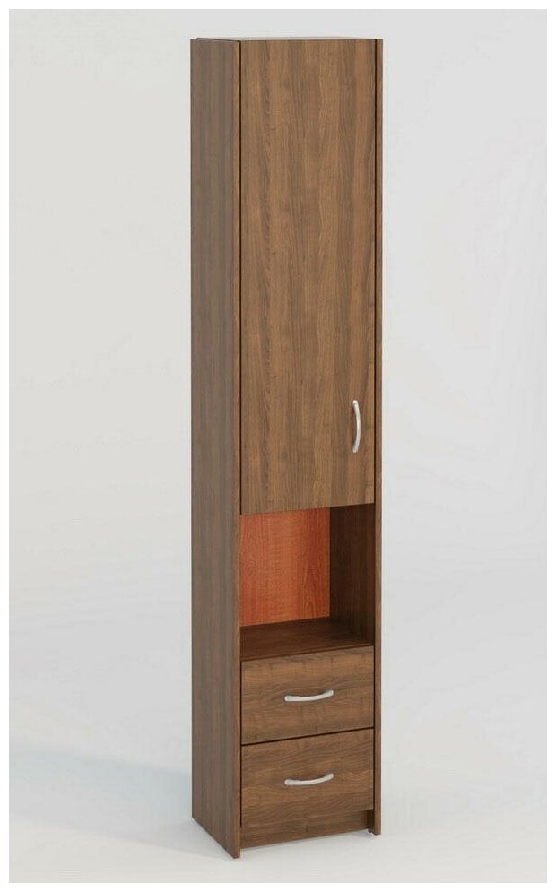 Узкий шкаф-пенал 1 дверь 2 ящика 4 полки 36,4х32,6 см. МагМебель Милана-18 левый орех