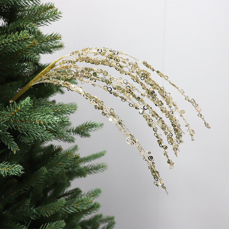 Новогодние ветки с блестками шампань-золотого цвета для украшения елки - длина 20 см