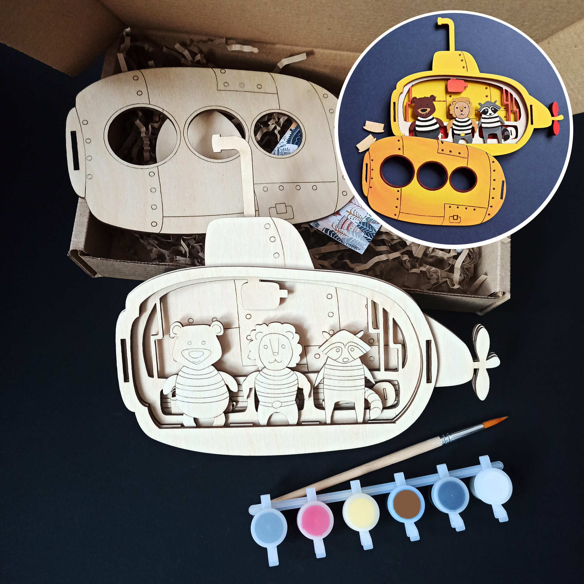 Набор для творчества детский из дерева сборный для раскрашивания для мальчиков и девочек "Подводная лодка"