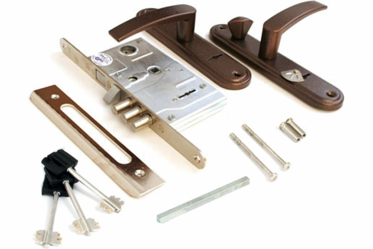 Замок врезной сувальдный с защёлкой в компл с ручкой ЗВ9-8.3/13(КЛП5-85)прав (медн ант), 3 кл/88010/