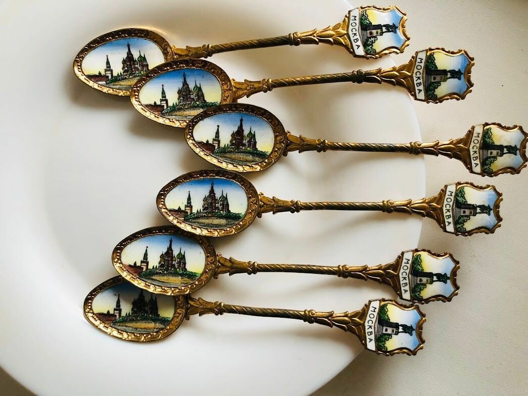 Набор красивых чайных ложек "москва", 6шт, латунь, эмаль, золочение